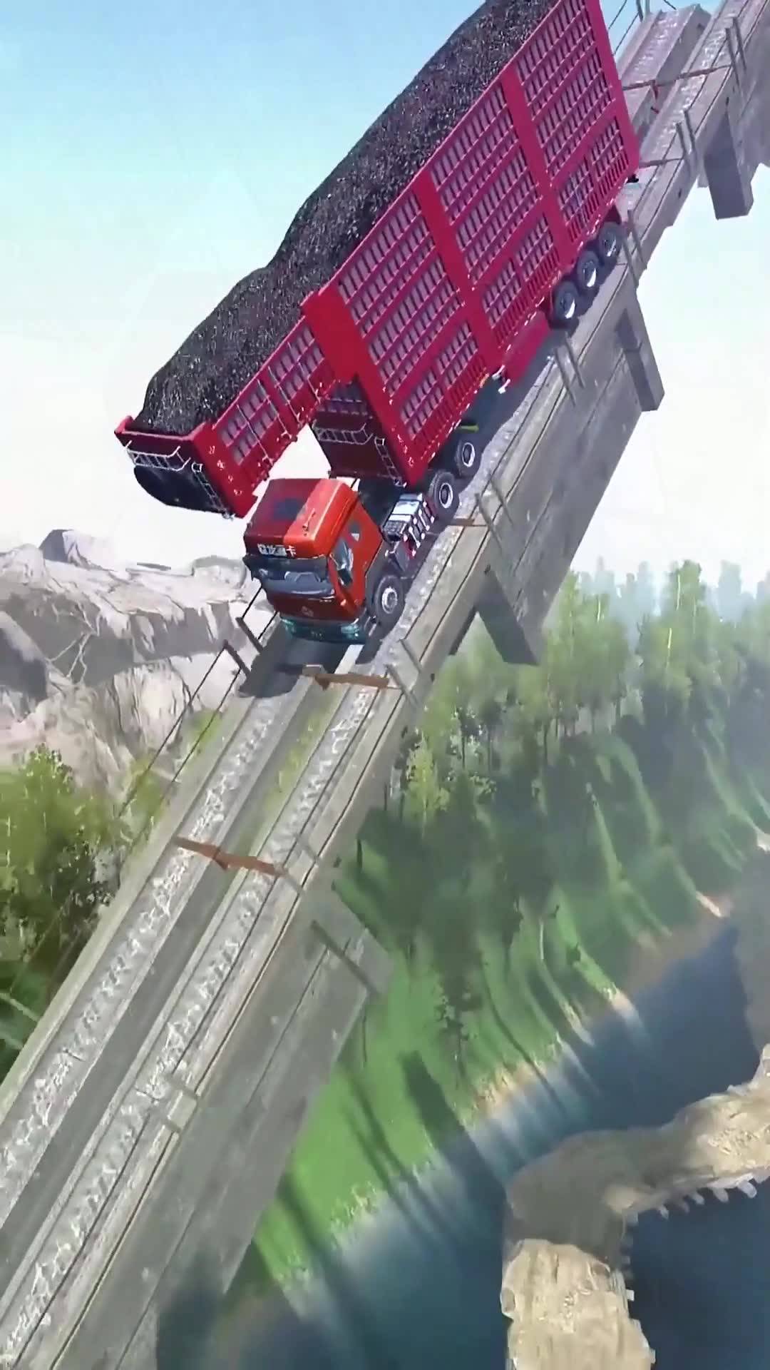 模拟动画:运煤炭的大货车也能当过山车来开,一飞冲天!