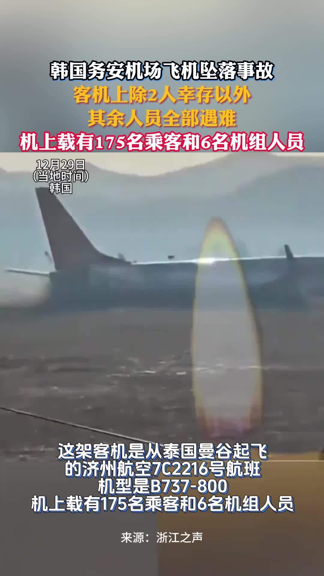 韩国机场飞机坠落事故,客机上除2人幸存以外,其余人员全部遇难