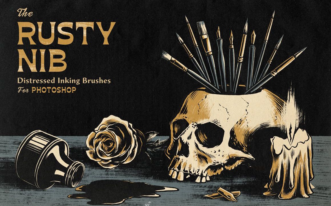 画师必备!白嫖复古生锈效果PS笔刷 Rusty Nib Inkers