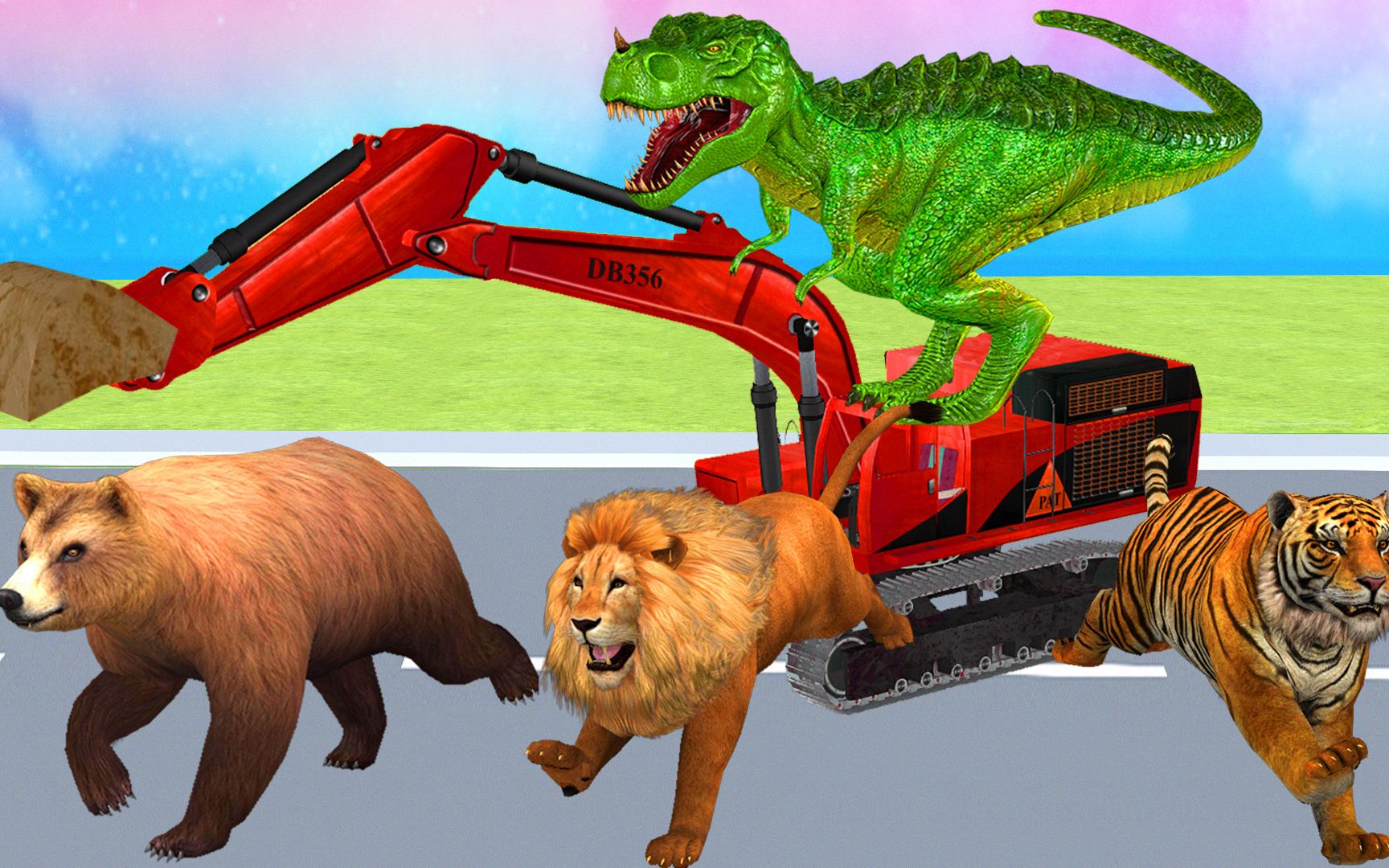 霸王龙开着挖掘机,快无敌啦,谁来打败它~