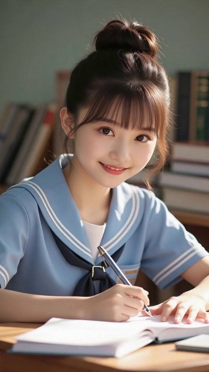 女孩认真地在书上做标记
