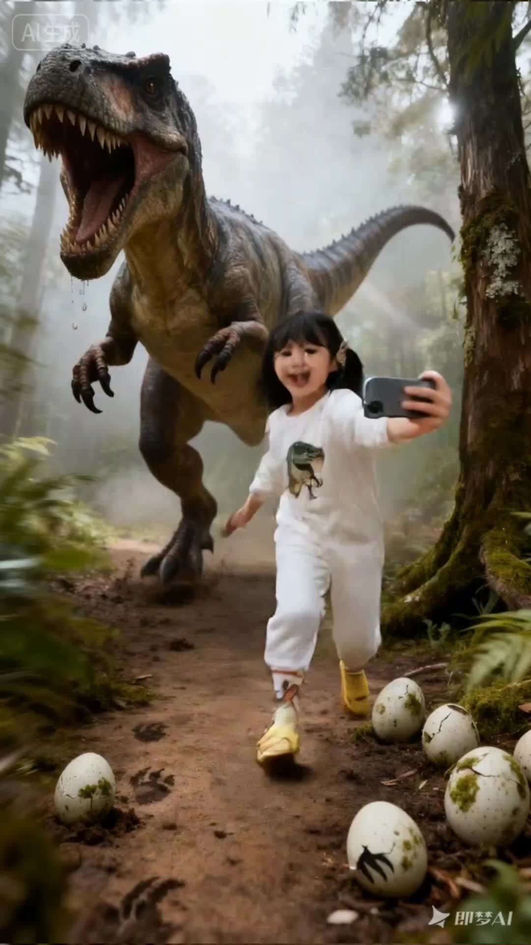 ...图片主体人物穿着带霸王龙图案的白色连体衣和裤子,搭配印有卡通...