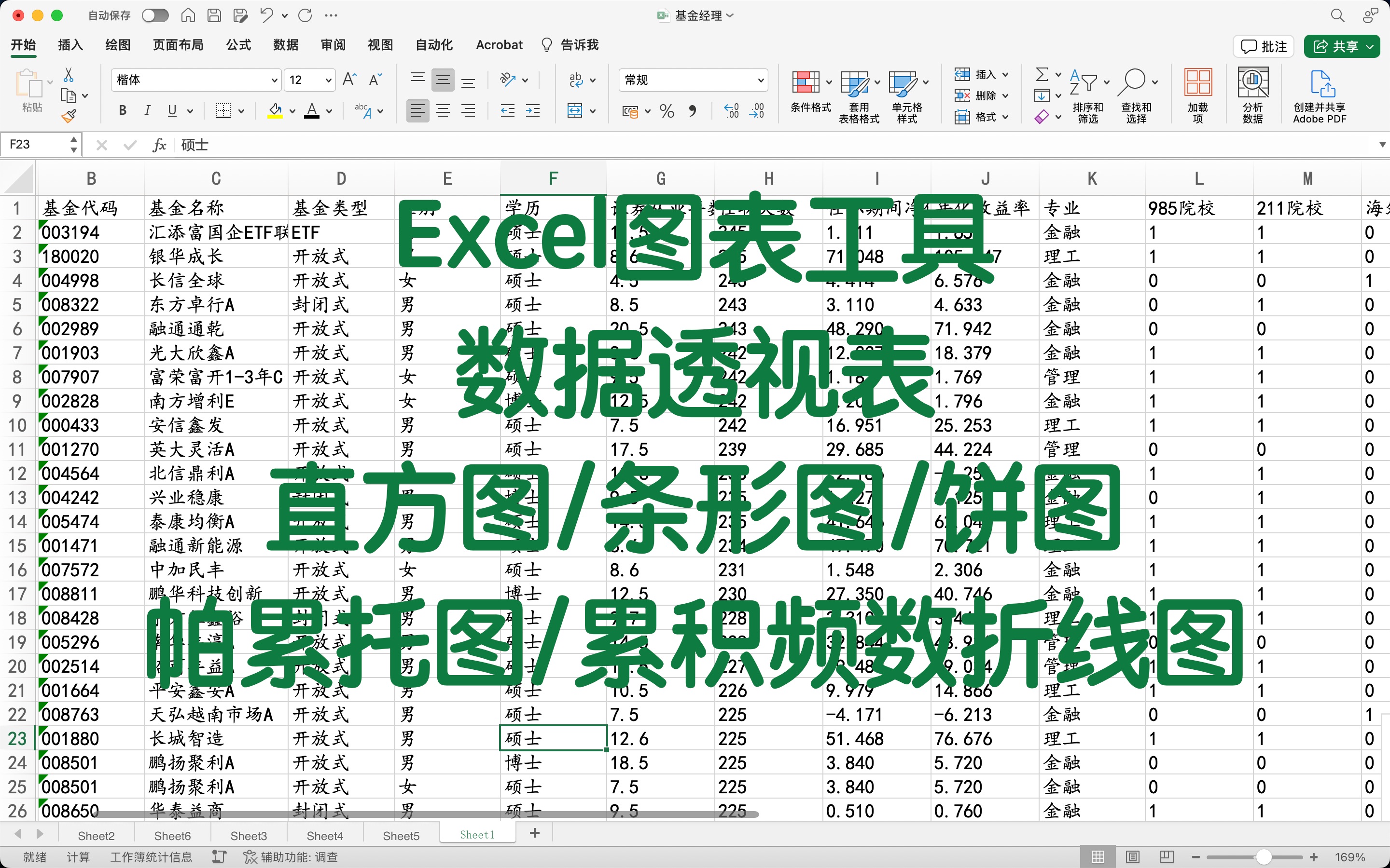 Excel图表工具 数据透视表/直方图/条形图/帕累托图/饼图/累积频数折线图