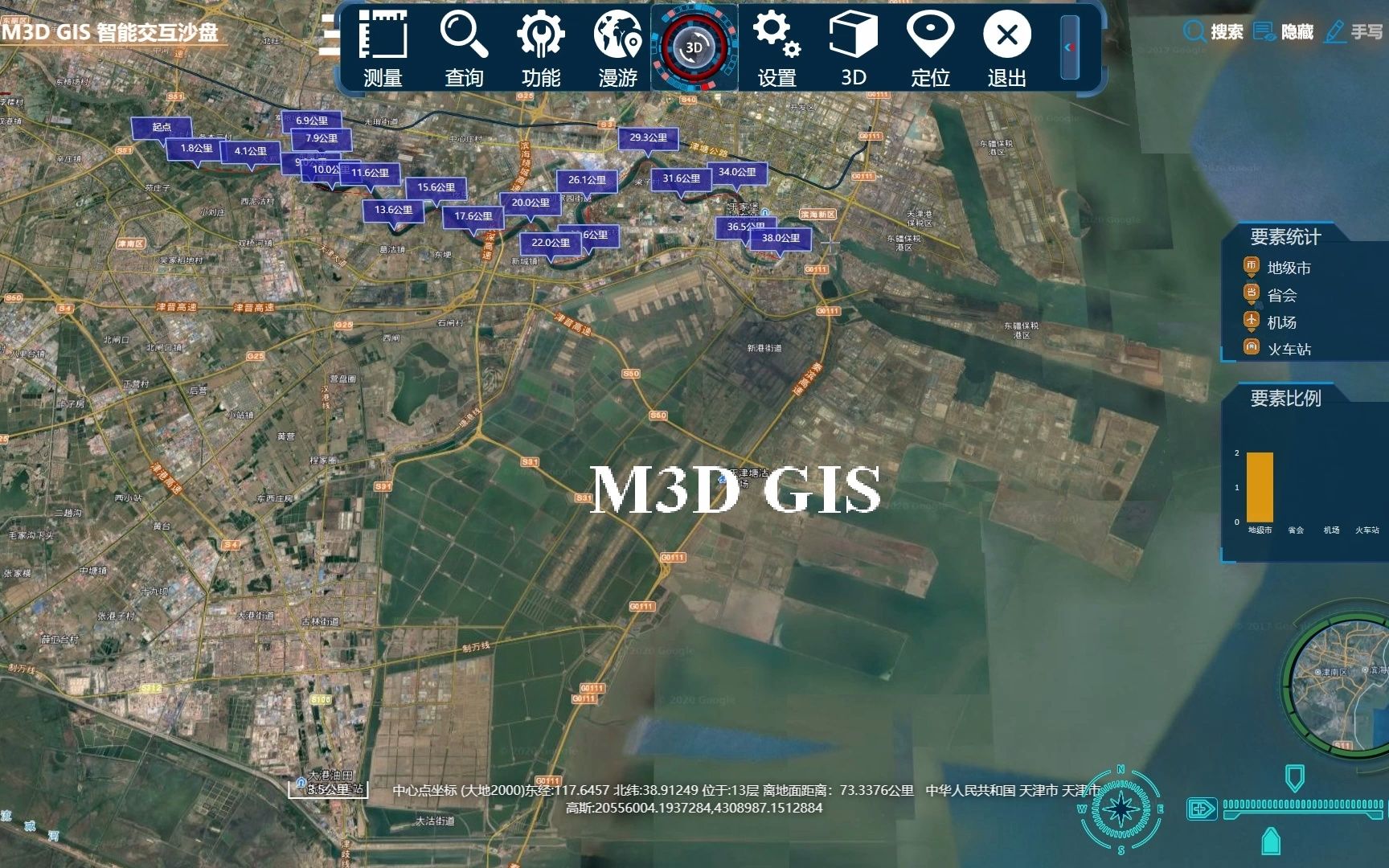 M3DGIS 多点触摸三维电子沙盘 无人机倾斜摄影 地形测绘量算分析