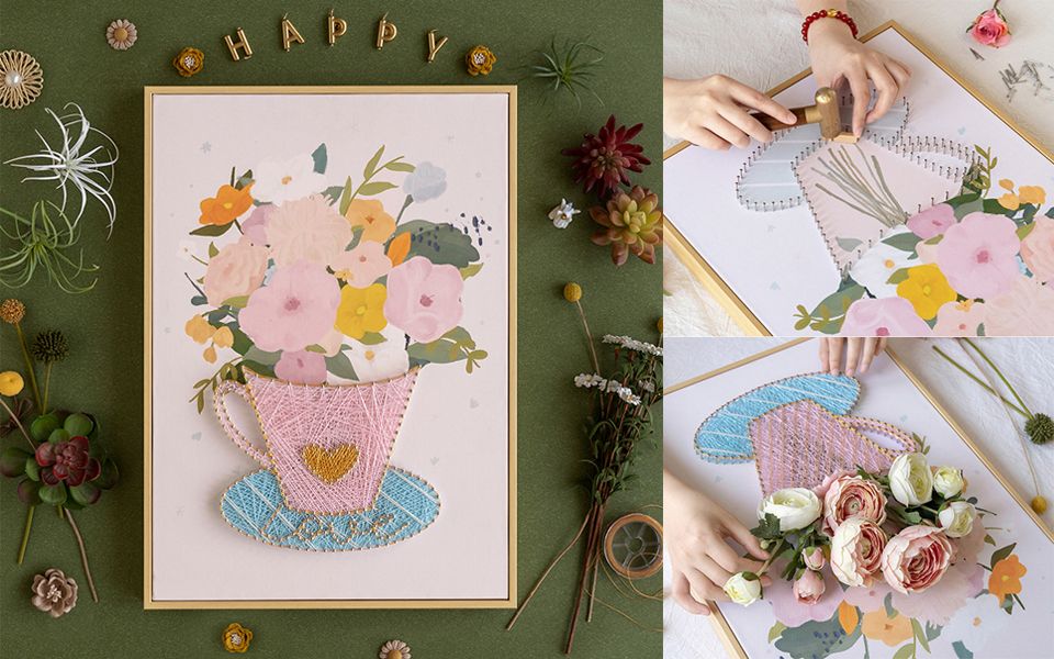 【弦丝画】墙蛙手工钉子绕线画DIY花花万物系列插花杯制作简易教程