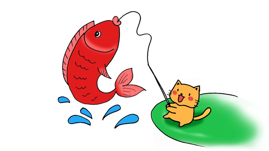 简笔画教程小猫钓鱼,活泼可爱,家长陪孩子一起画