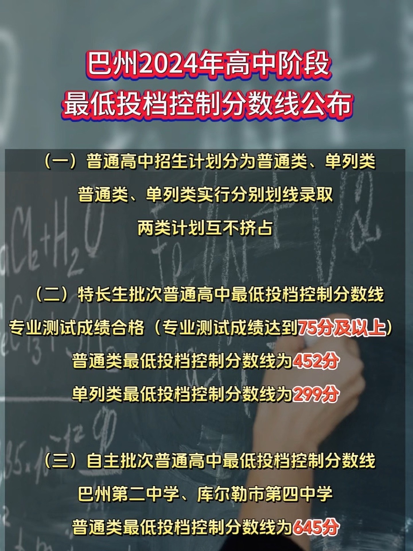 巴州2024年高中阶段最低投档控制分数线公布