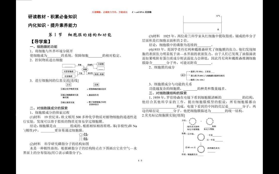 新高一暑假自学课 第1节 细胞膜的结构和功能