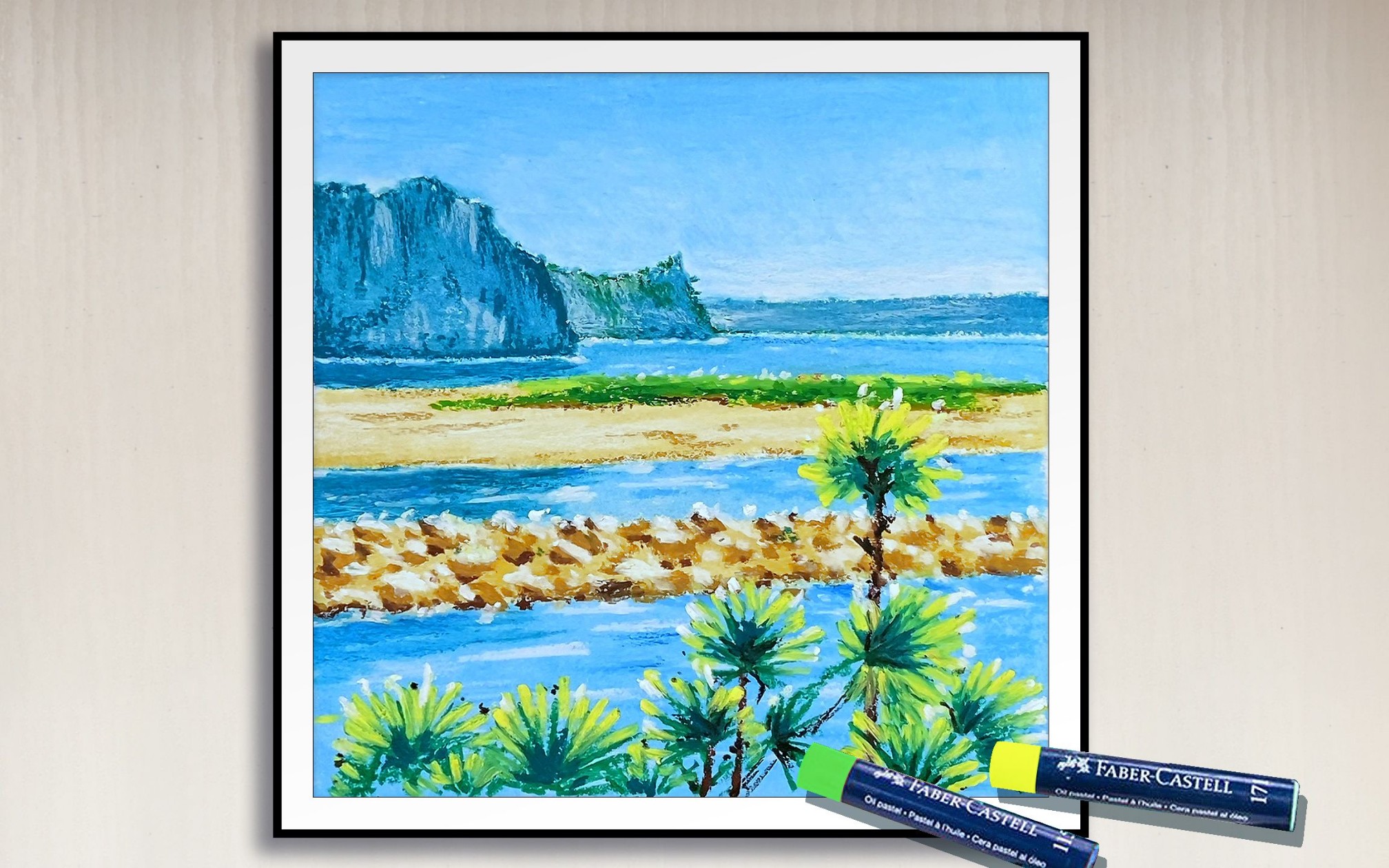 油画棒风景-用油画棒画河畔浅滩的风景,完整手绘过程记录分享