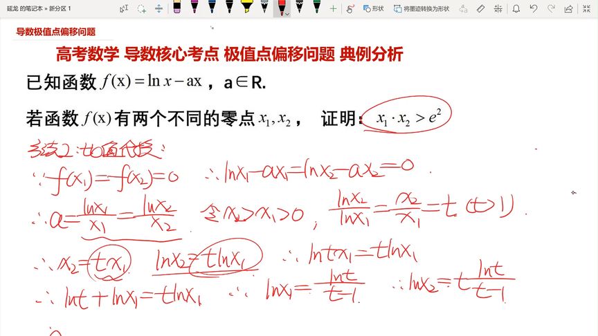 高考数学 导数压轴题 极值点偏移问题典例2 方法二 比值代换