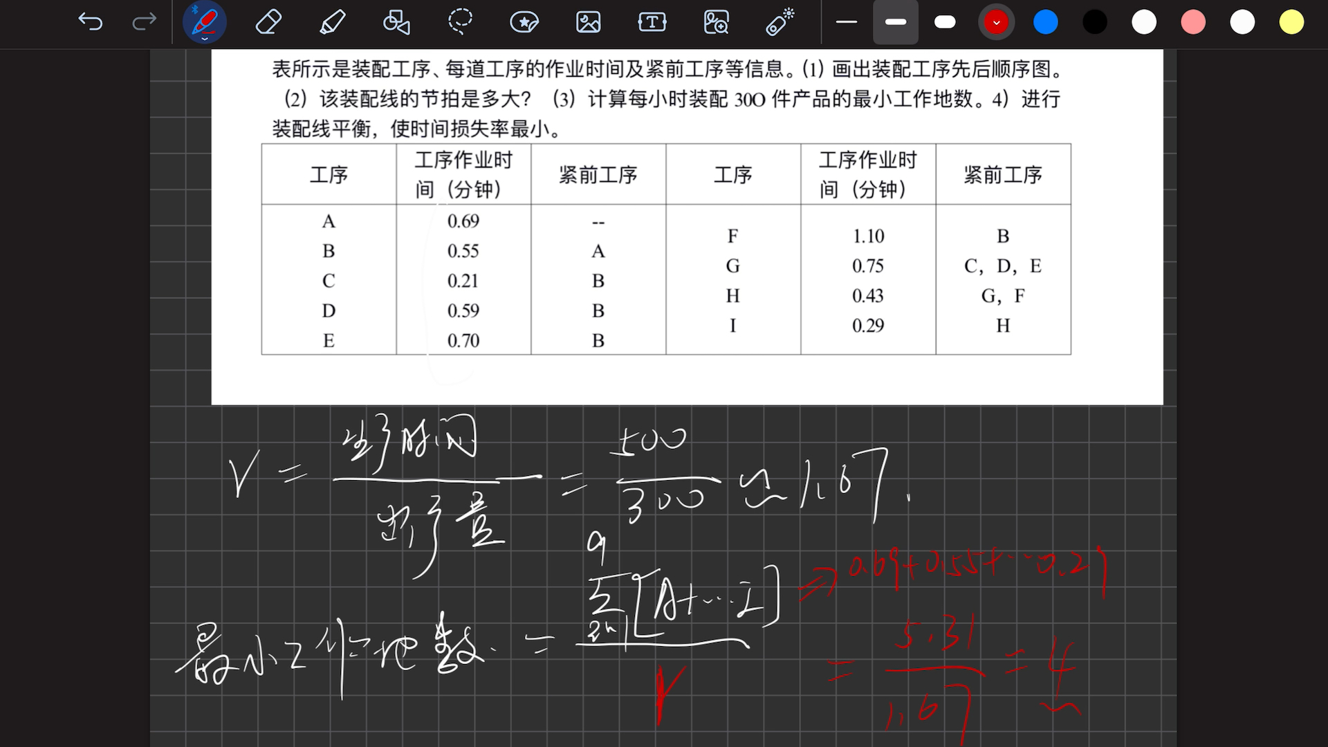...装配线平衡问题 ,最小工作地数。 时间损失效率,装配线平衡效率计算