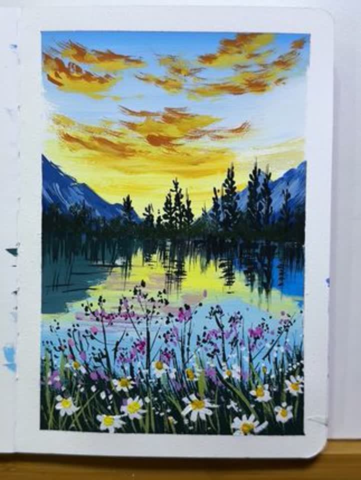 简简单单画一幅湖边落日夕阳晚霞风景,治愈系绘画|丙烯画教程