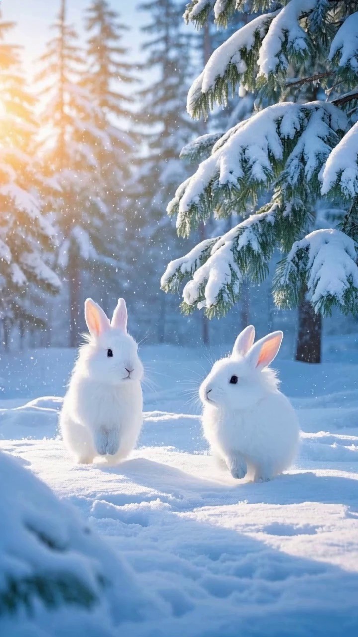 两只毛茸茸的雪白兔子在积雪覆盖的森林空地中互动,红眼睛明亮有神,...