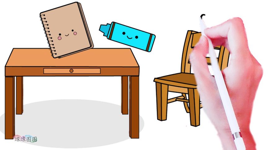 绘画涂色 可爱简笔画 书、蜡笔、桌子、椅子