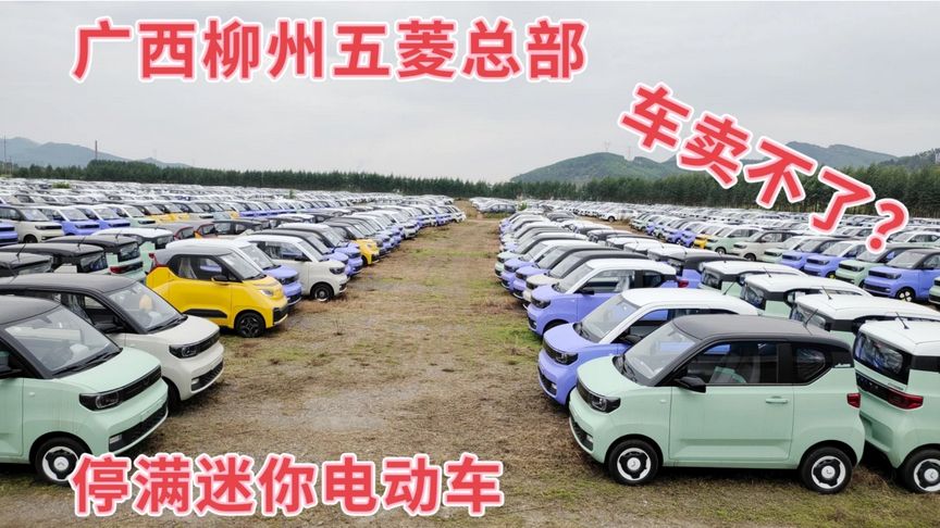 广西柳州五菱总部，厂外停满迷你新能源汽车，紫色亮眼