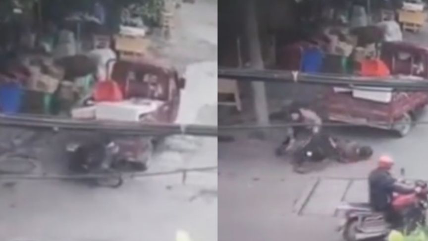 司机未仔细观察,倒车撞倒残疾人专用车后险些碾到人