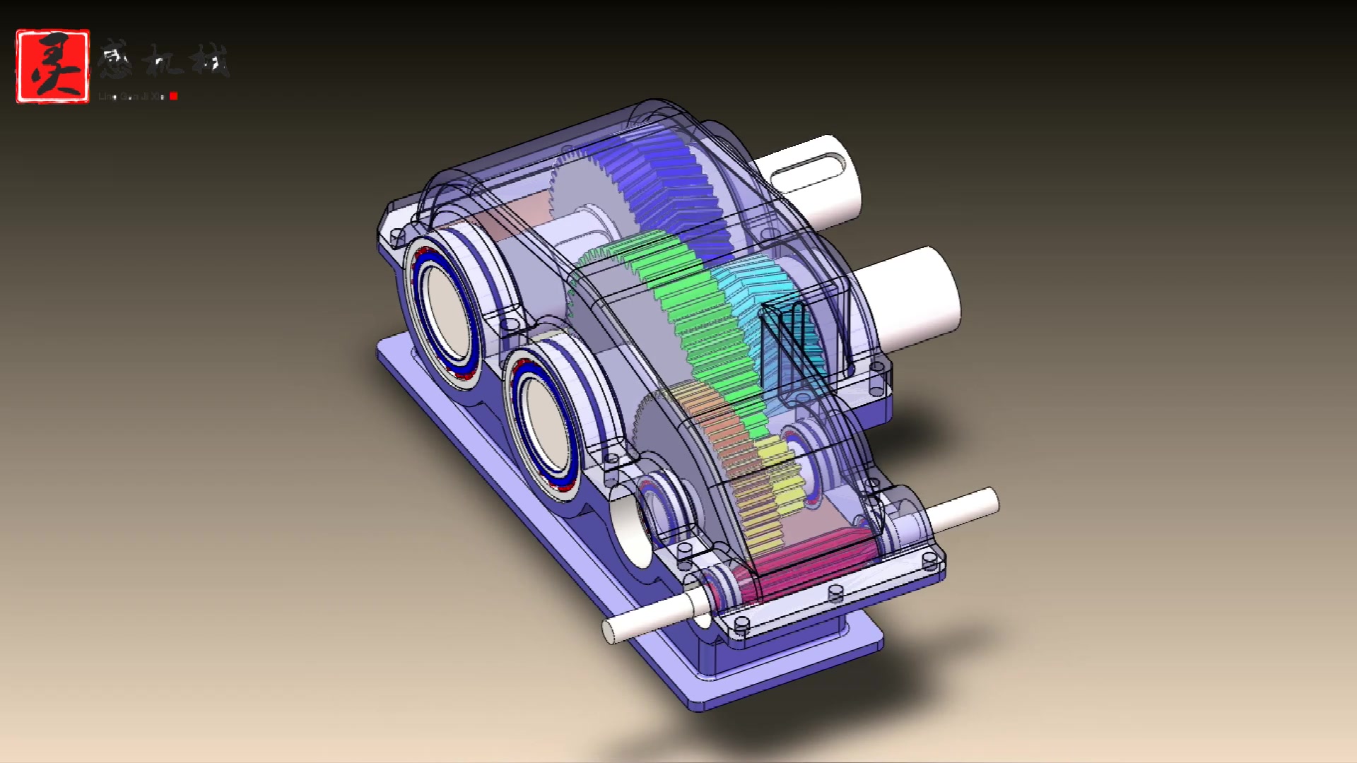两个输出轴的齿轮减速箱,内部结构展示后很简单!