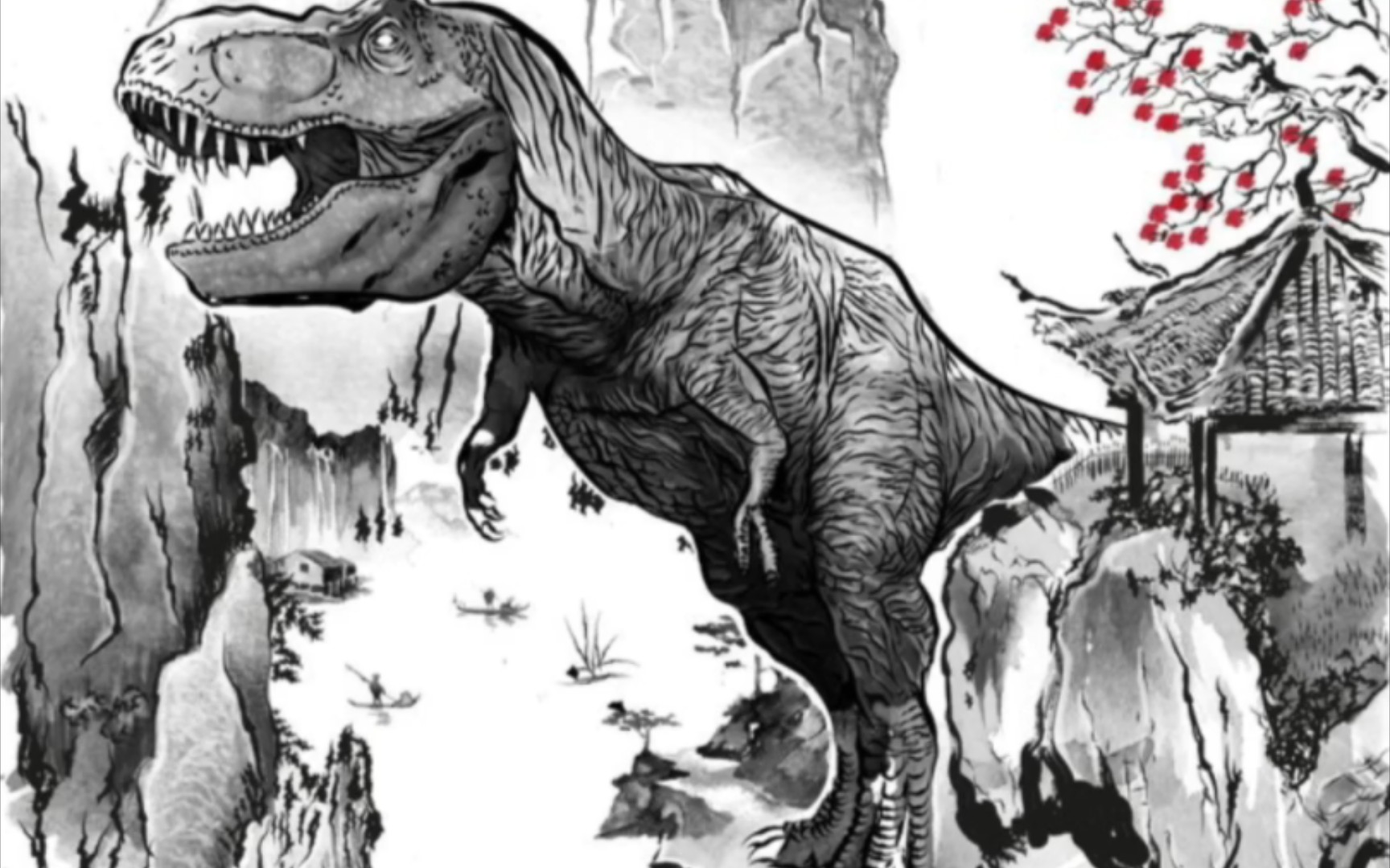 奇怪的艺术:恐龙山水墨画