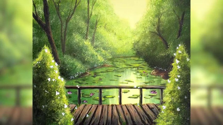 简单的风景画教程:阳光下的绿色池塘