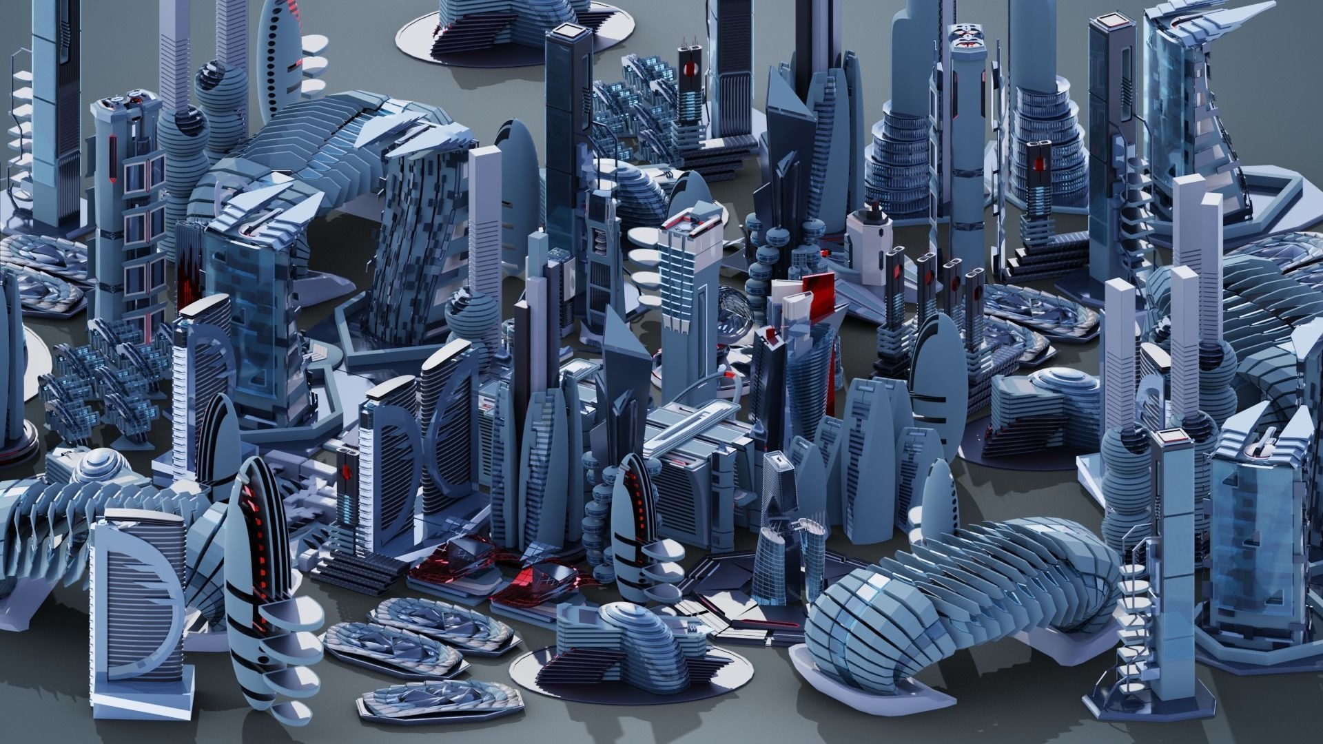 城市建筑3D资产!35款科幻未来赛博朋克城市大厦建筑房屋3D模型,白...