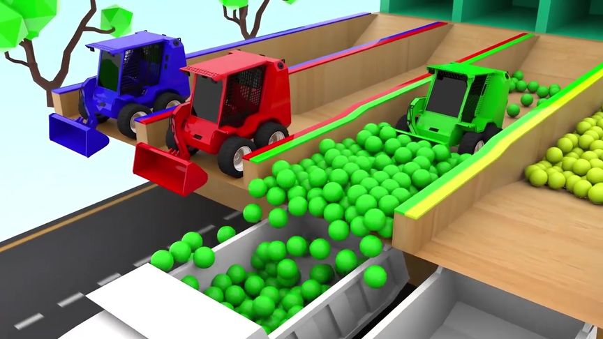 儿童动画,挖土车把彩球运送到卡车上,2分钟学会5种颜色