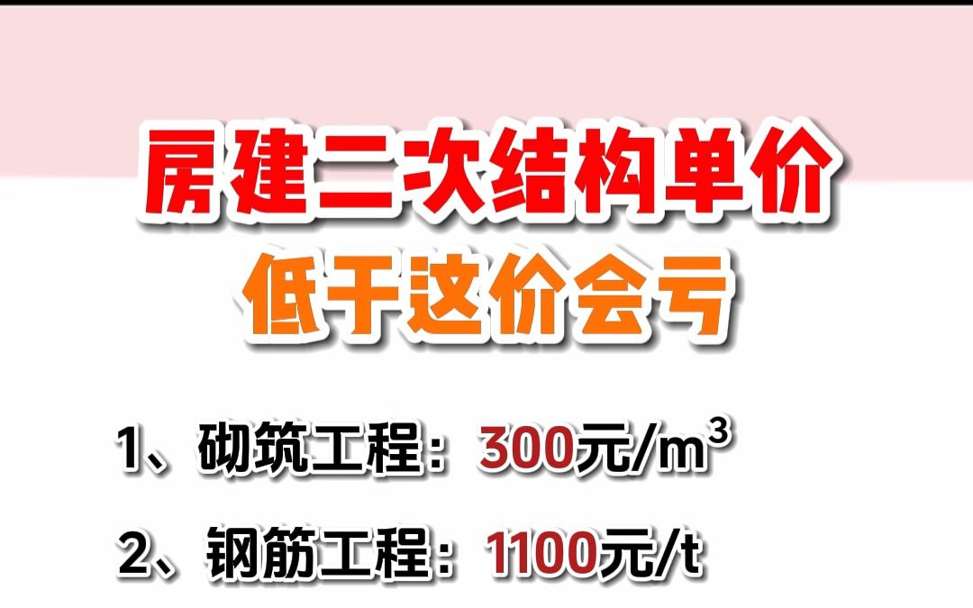房建二次结构单价,低于这价会亏,实际情况有差异,欢迎讨论指正。持续...