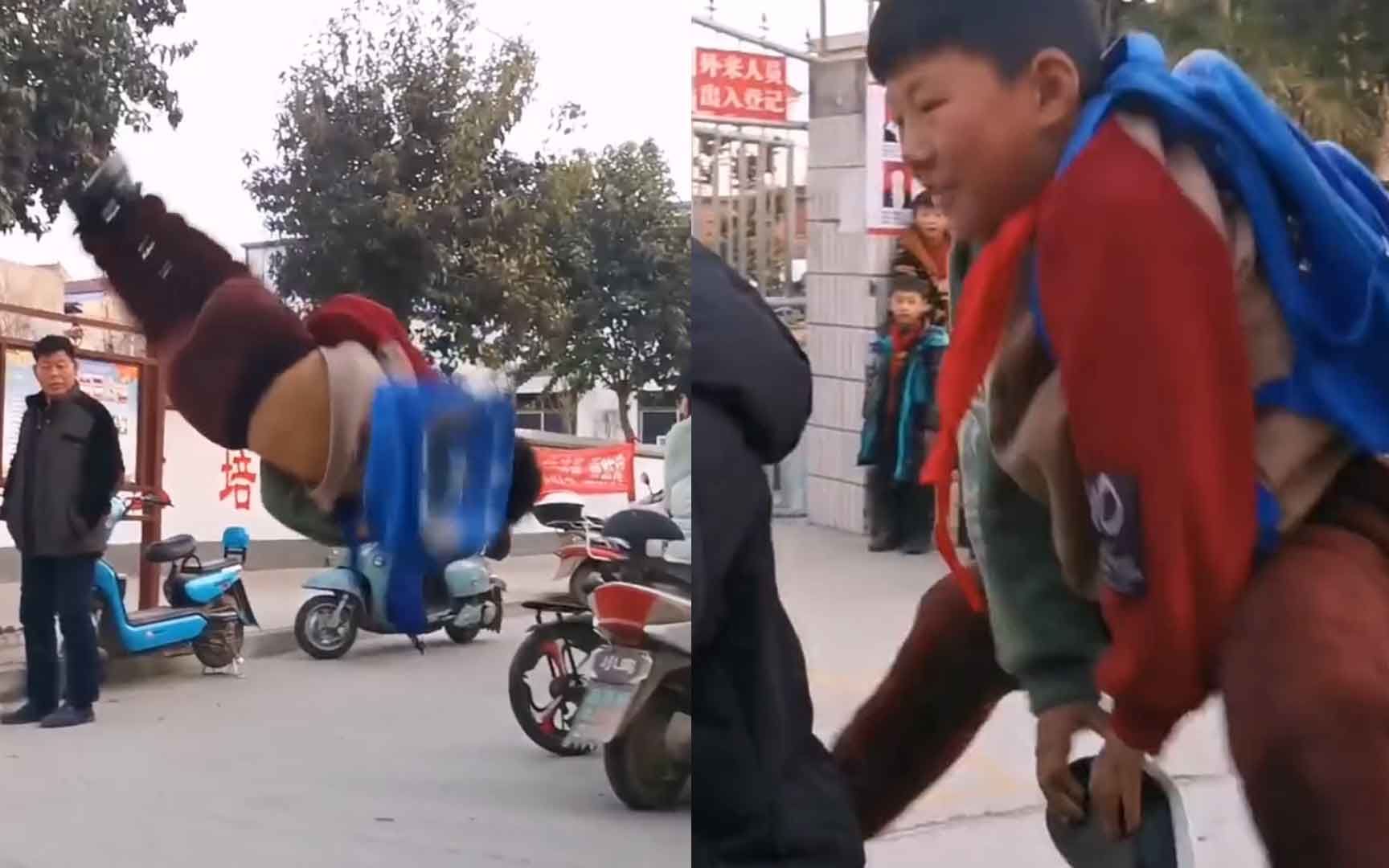 武术学生放学后一套空翻跳上爸爸电动车 动作行云流水让一旁路人目...