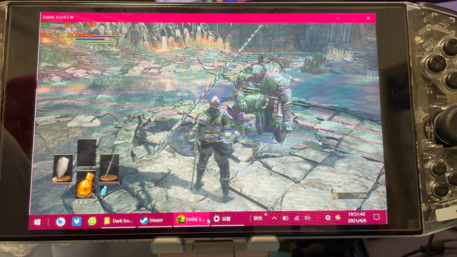 4800u的aya掌机,15w,全高设置运行黑暗之魂3。