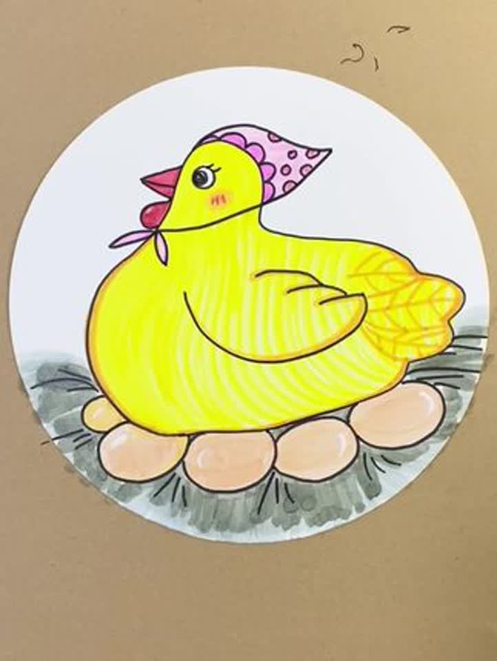 用孩子的小手掌画一只孵蛋的母鸡,简单又好看