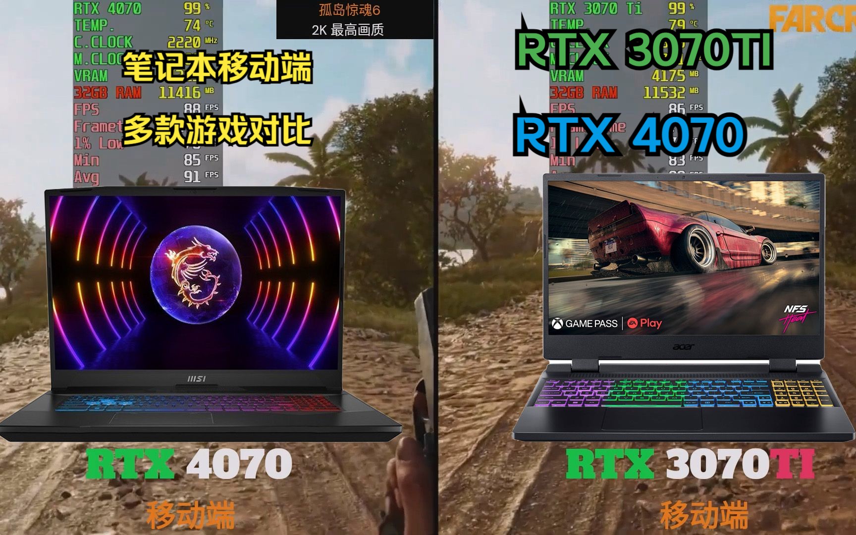 笔记本 RTX4070 vs RTX 3070TI 移动端显卡游戏对比。
