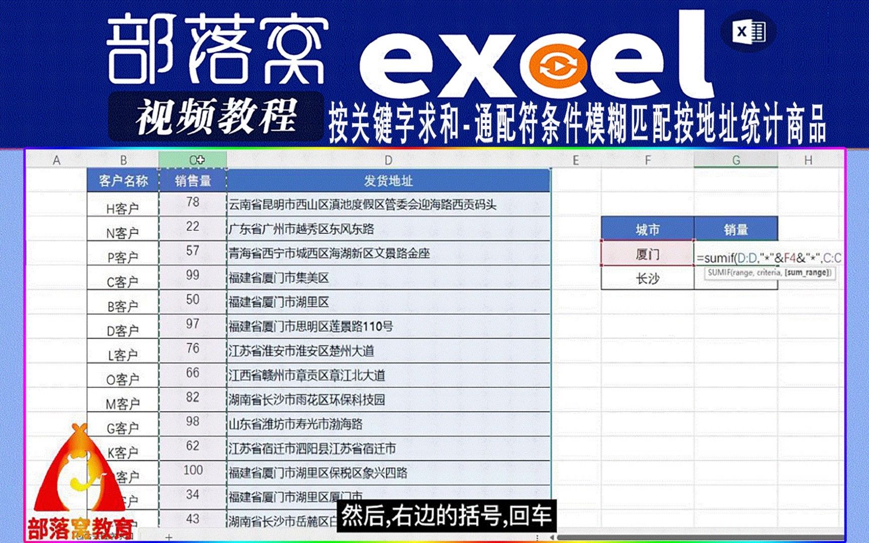 excel按关键字求和视频:通配符条件模糊匹配按地址统计商品