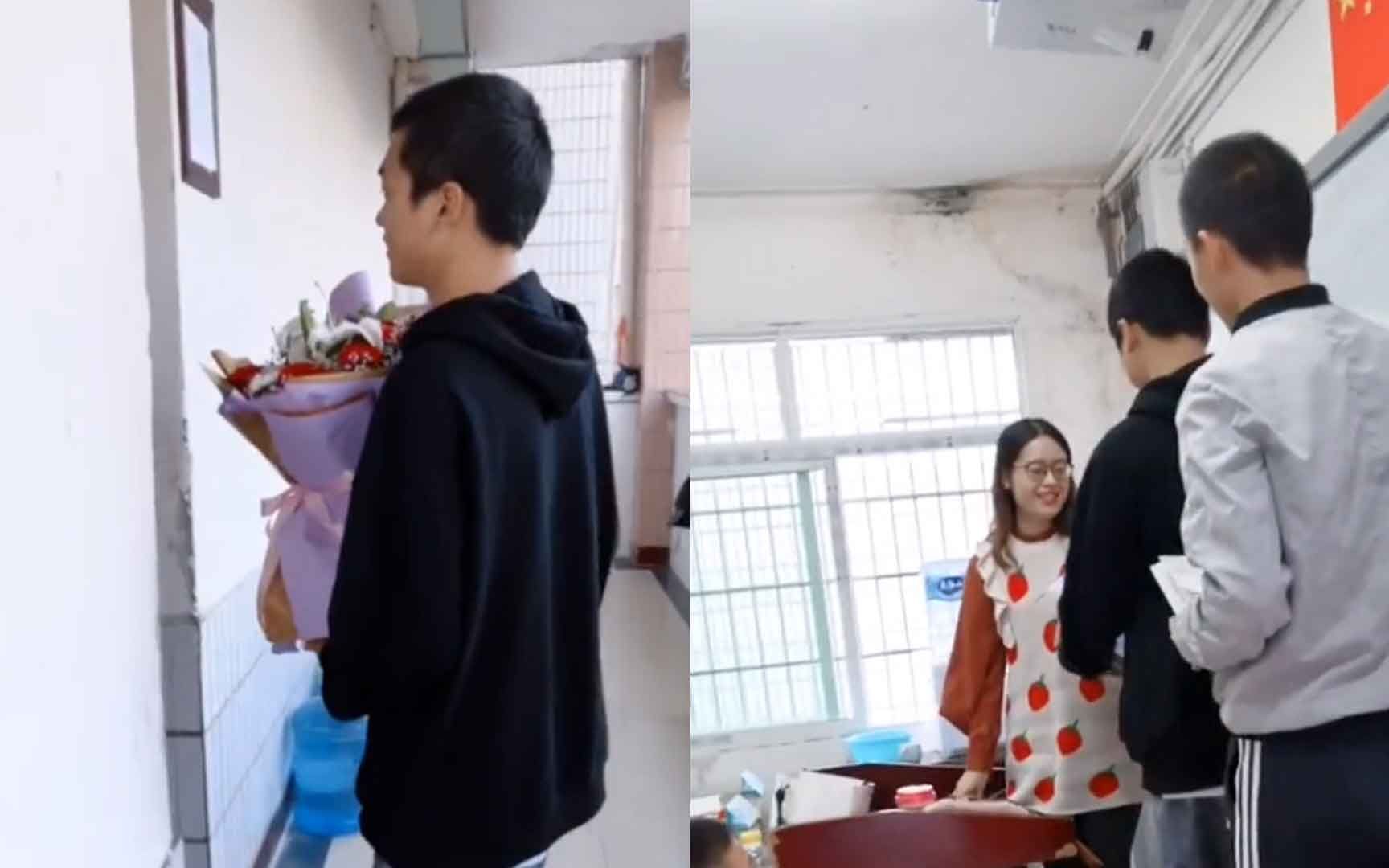 语文实习老师即将返校 学生们自发组织为老师献花并送上诚挚祝福