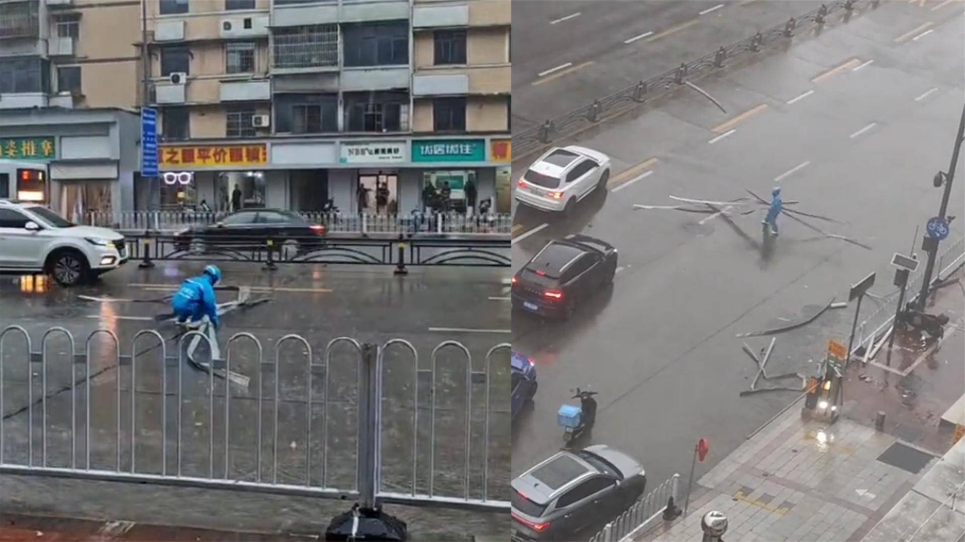 外卖骑手暴雨天清理路中障碍物,被路人拍下视频爆火,本人回应