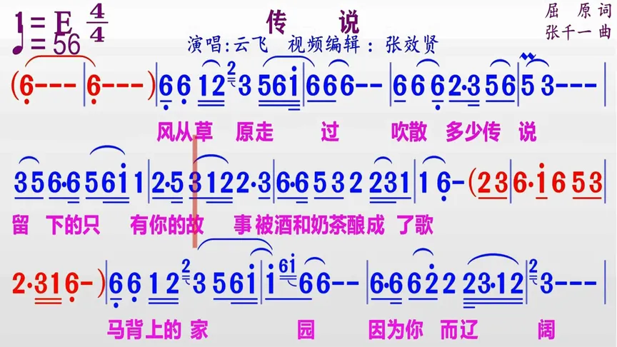 云飞演唱《传说》的同步动态彩色简谱