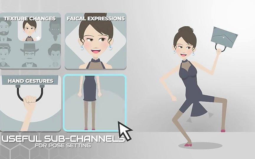 AE模板-可360度自由旋转二维卡通人物角色装饰绑定MG动画