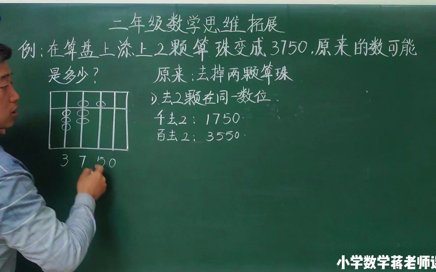 二年级数学培优:算盘上添2个算珠是3750,请问原数可能是多少?