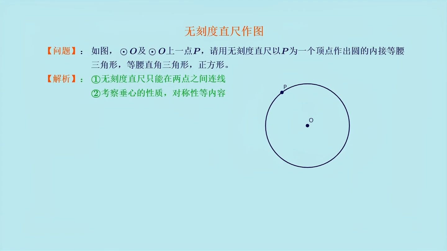 无刻度直尺作图,圆上一点作等腰三角形,等腰直角三角形,正方形