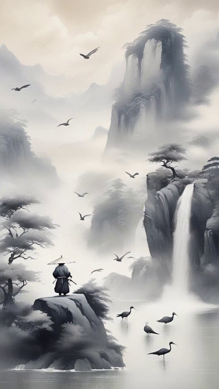 中国传统水墨山水画,层峦叠嶂的山峰笼罩在流动云雾中,近处苍劲松树...