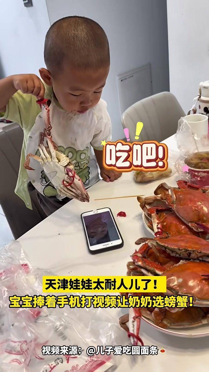 #天津娃娃太耐人儿了!宝宝捧着手机打视频让奶奶选螃蟹!#萌娃#天津...