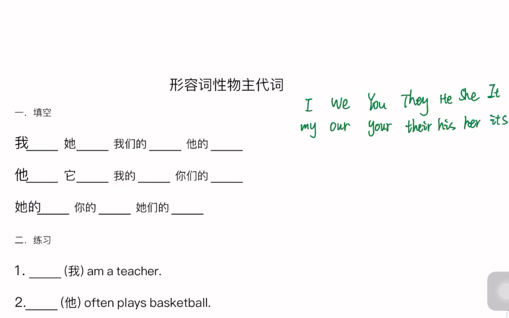 p69 形容词性物主代词