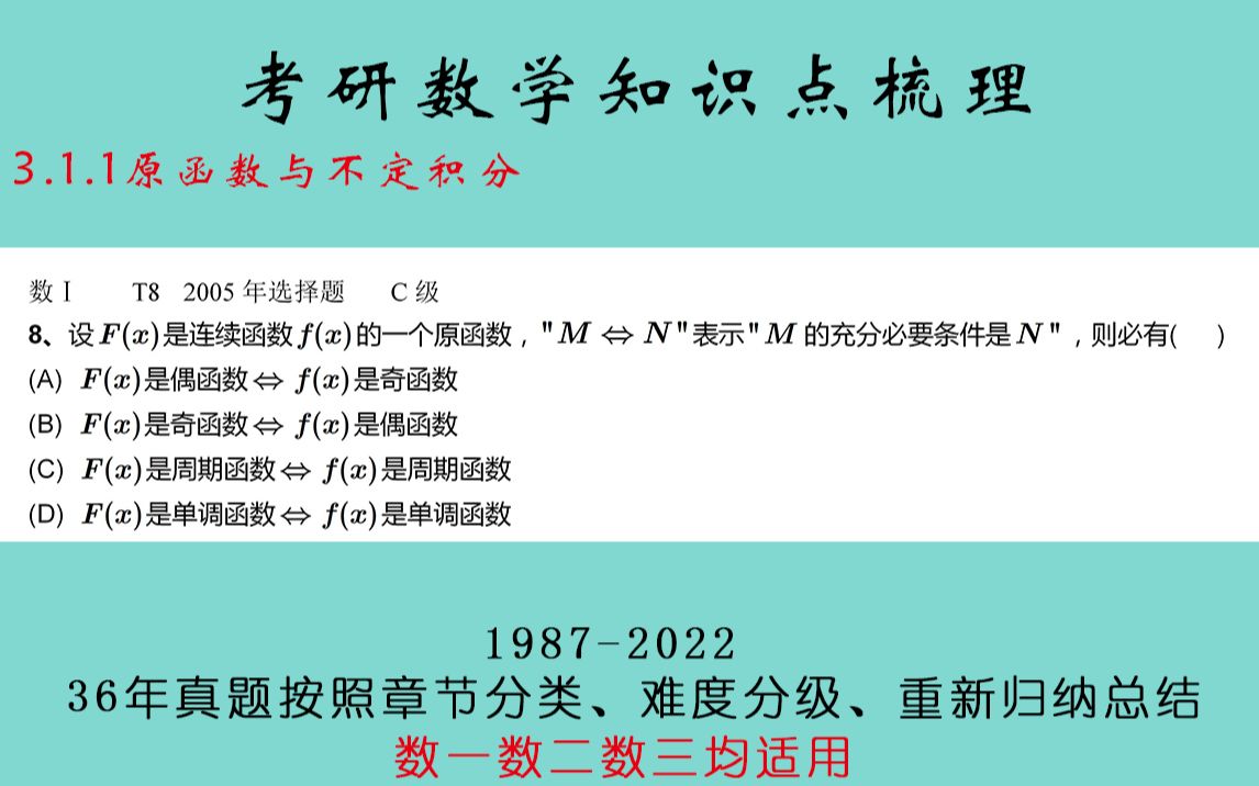 考研数学真题分类讲解23:原函数与不定积分