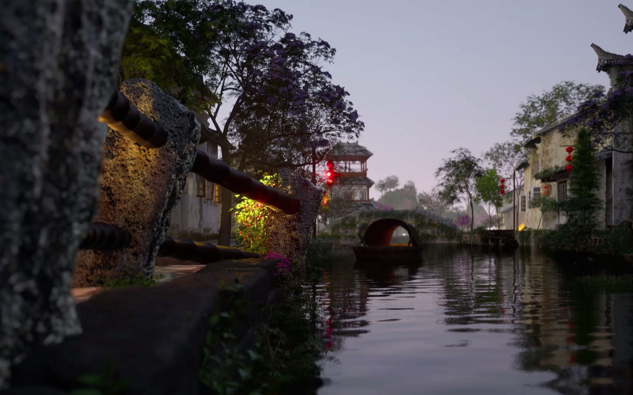 ...清晨到黄昏中式古建筑景观动画制作。小桥流水人家场景,好想回到古代