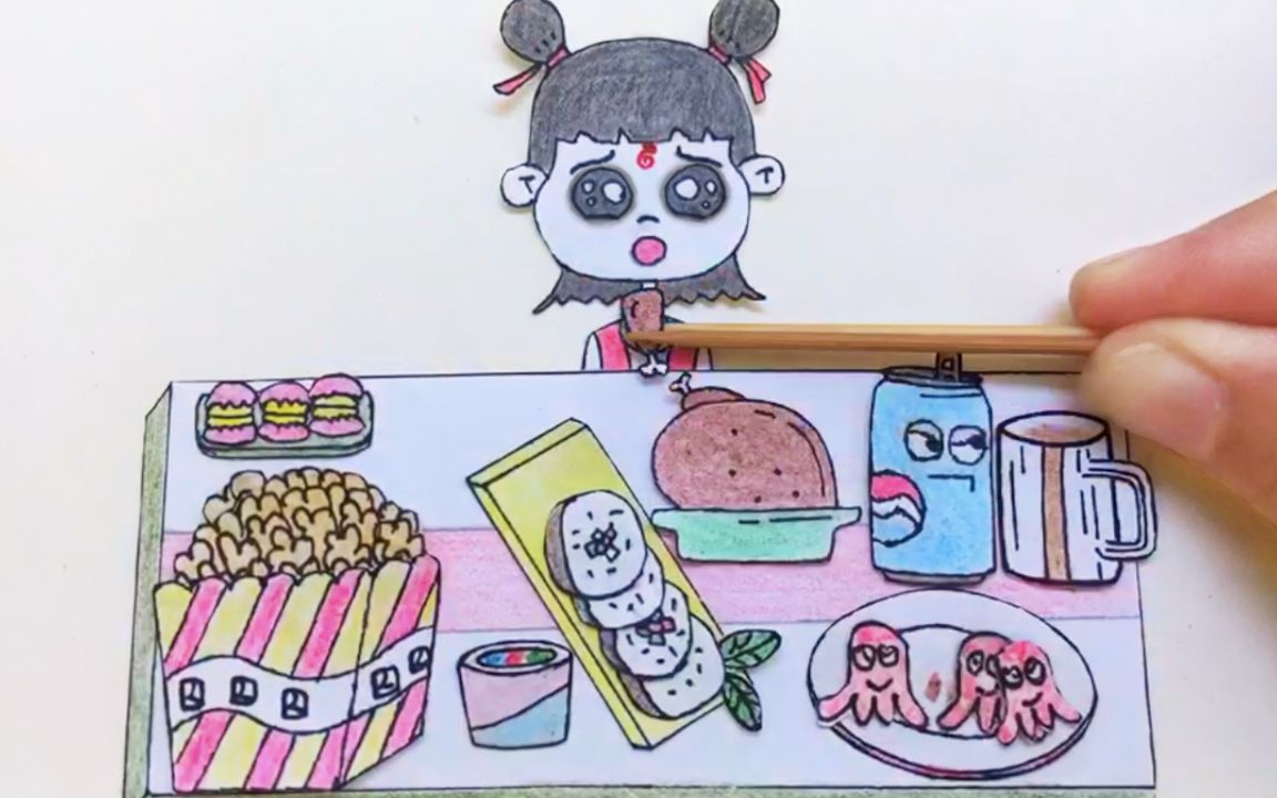 【手绘定格动画】哪吒转型当吃播,看到一桌子美食,高兴坏了