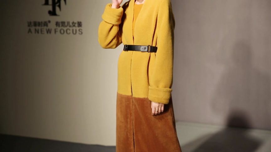 欧美时尚简约撞色拼接系带羊羔毛皮草大衣外套