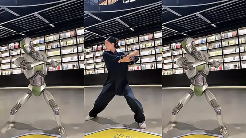 AI在玻璃柜前模仿美女打太极拳!