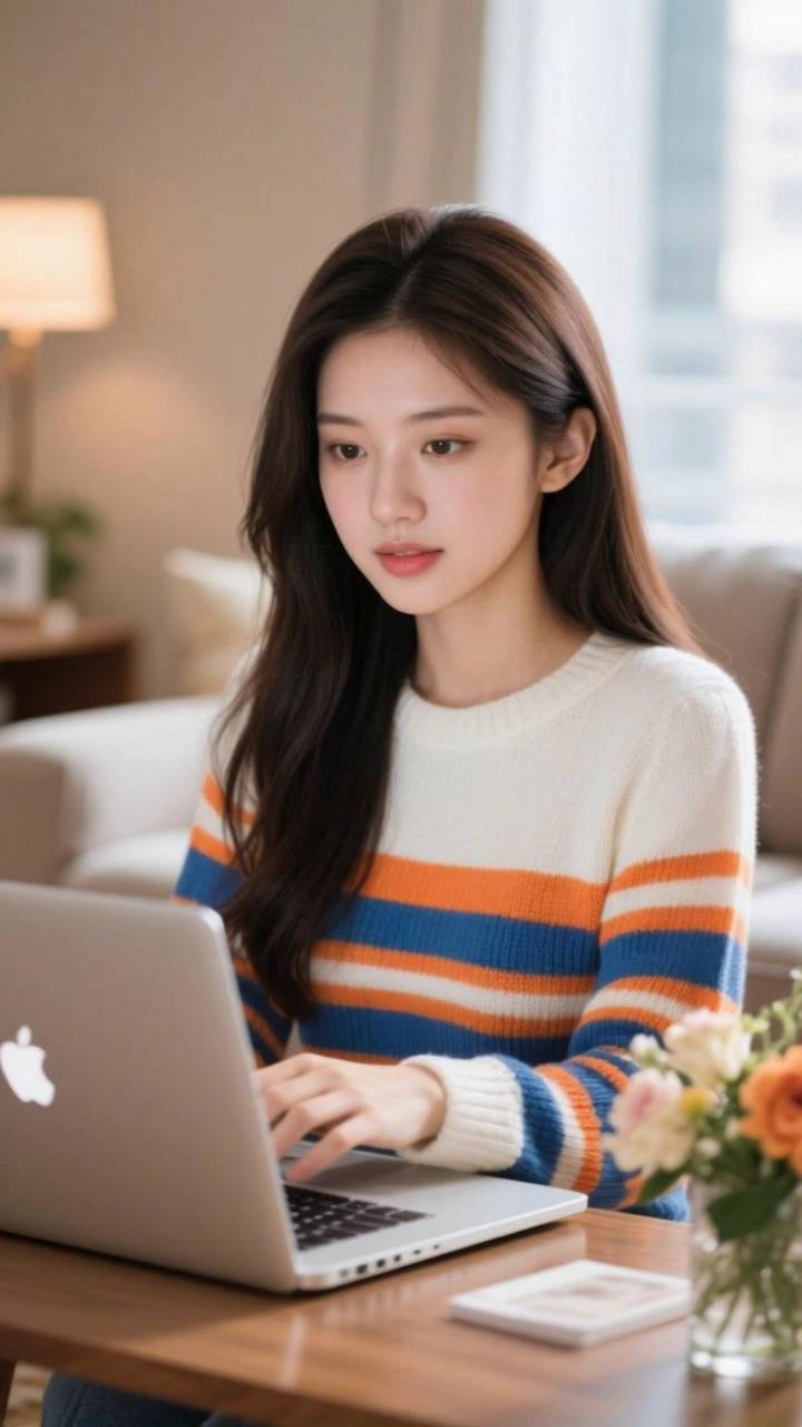 女孩时不时看向键盘,双手在键盘上打字,认真工作中