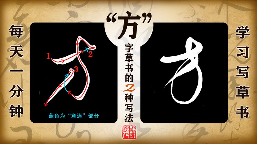 草书 “方” 字两种写法,笔势先横点折勾,最后写撇连接下一个字
