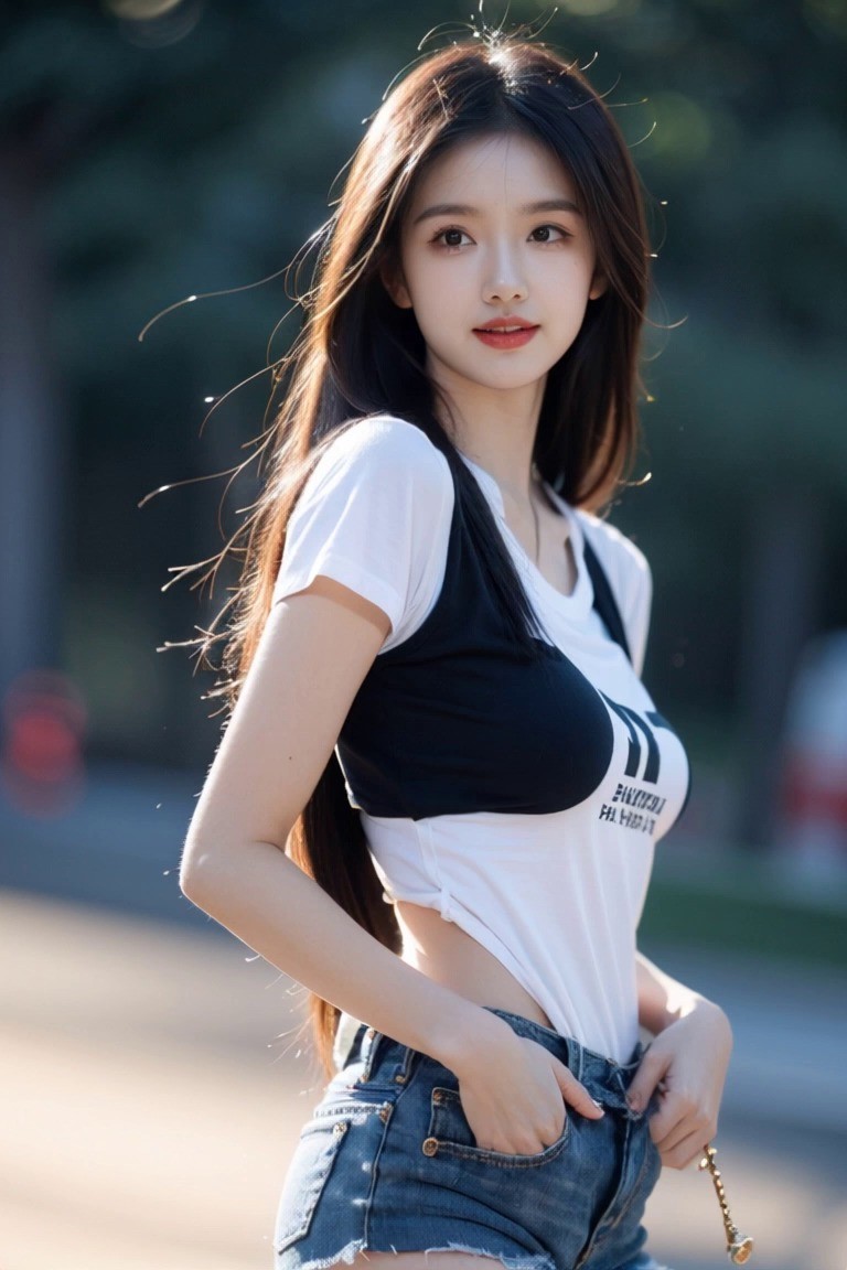 一位棕色长发随风飘动的年轻女孩穿着白色涂鸦印花T恤和浅蓝色牛仔...