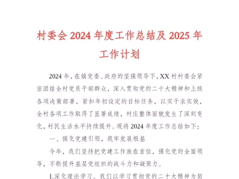 村委会2024年度工作总结及2025年工作计划
