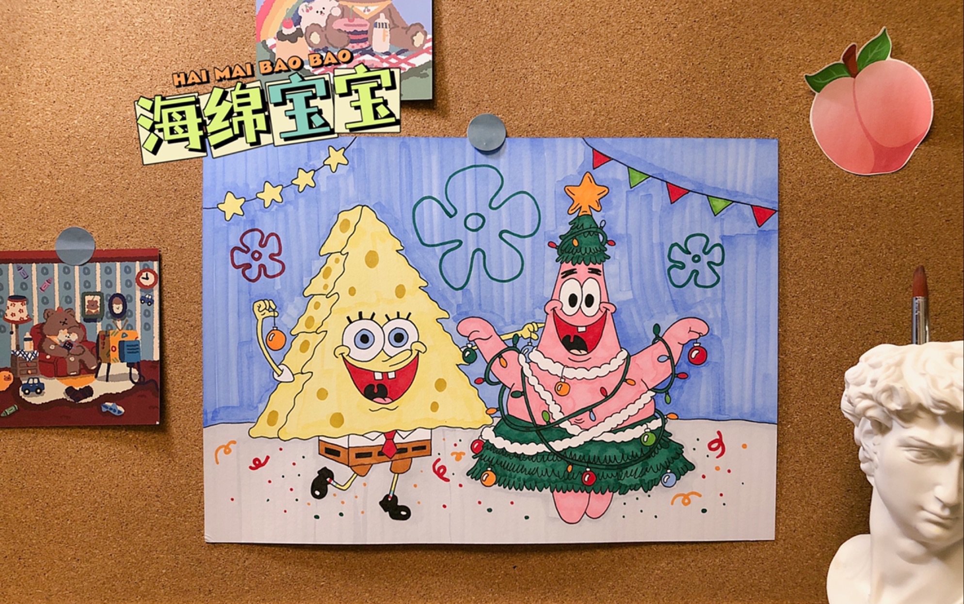 海绵宝宝圣诞节主题简笔画,卡通画,马克笔画。
